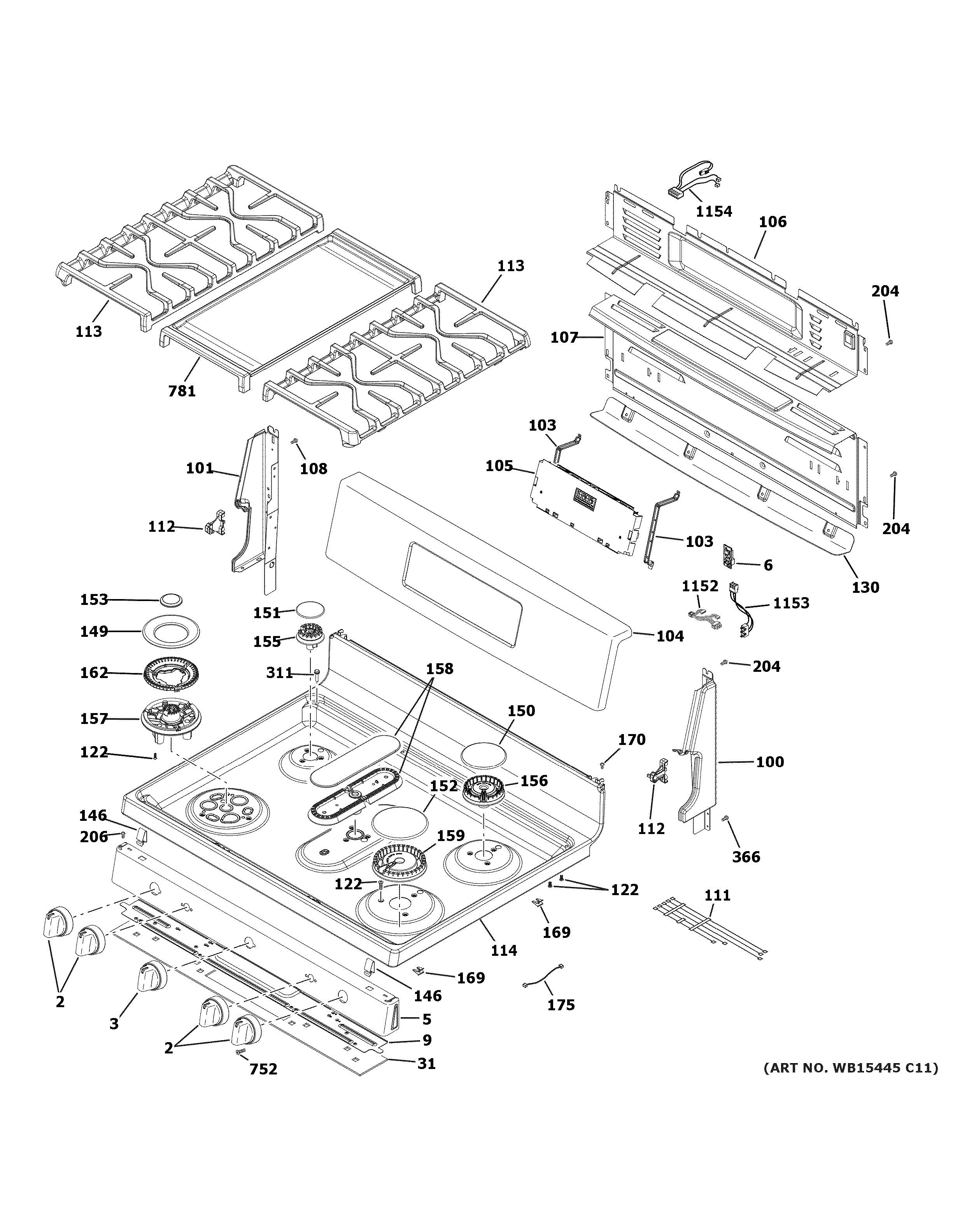 Assembly View for CONTROL PANEL & COOKTOP | PGB935BP1TS