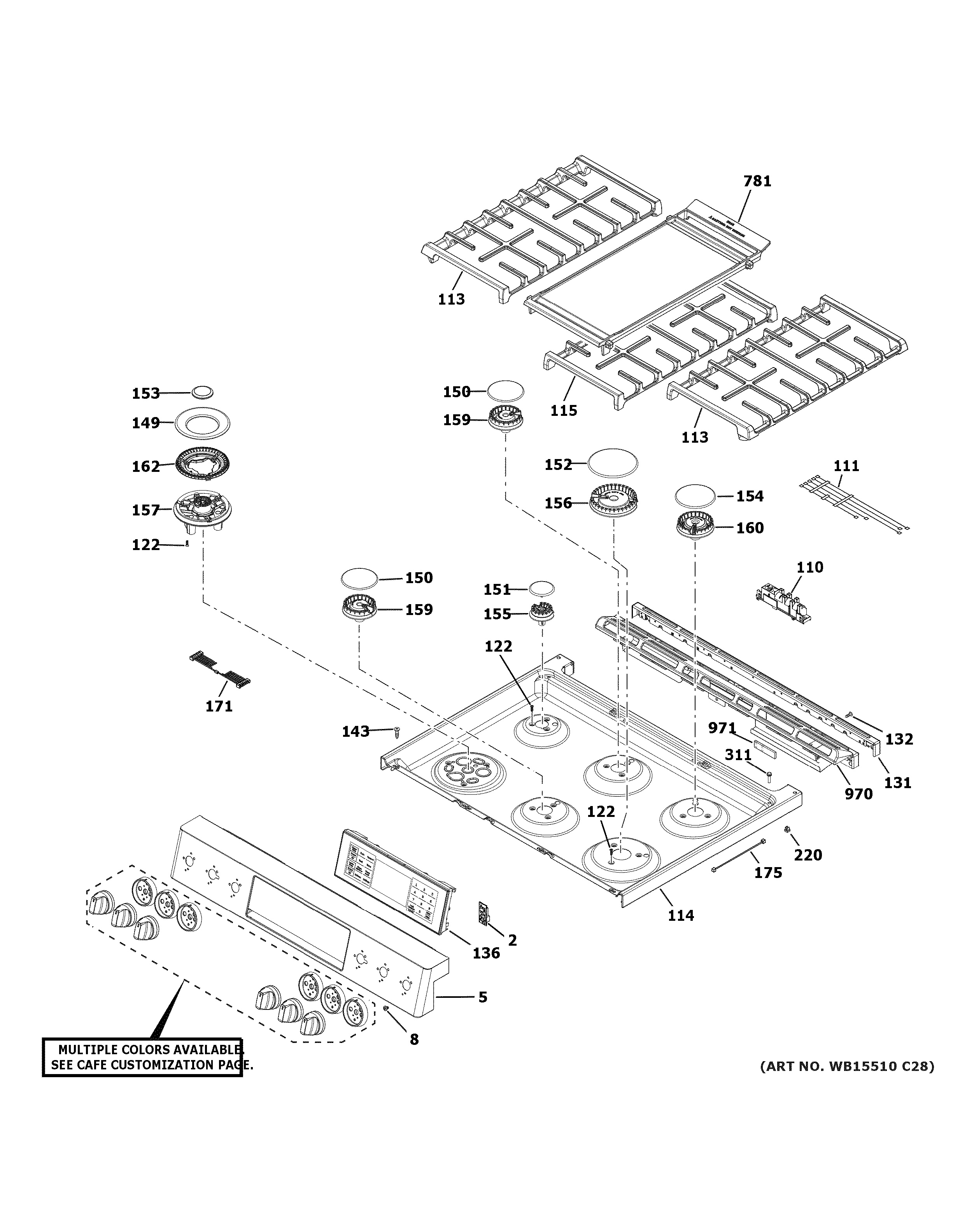 Assembly View for CONTROL PANEL & COOKTOP | CGS750P2M1S1