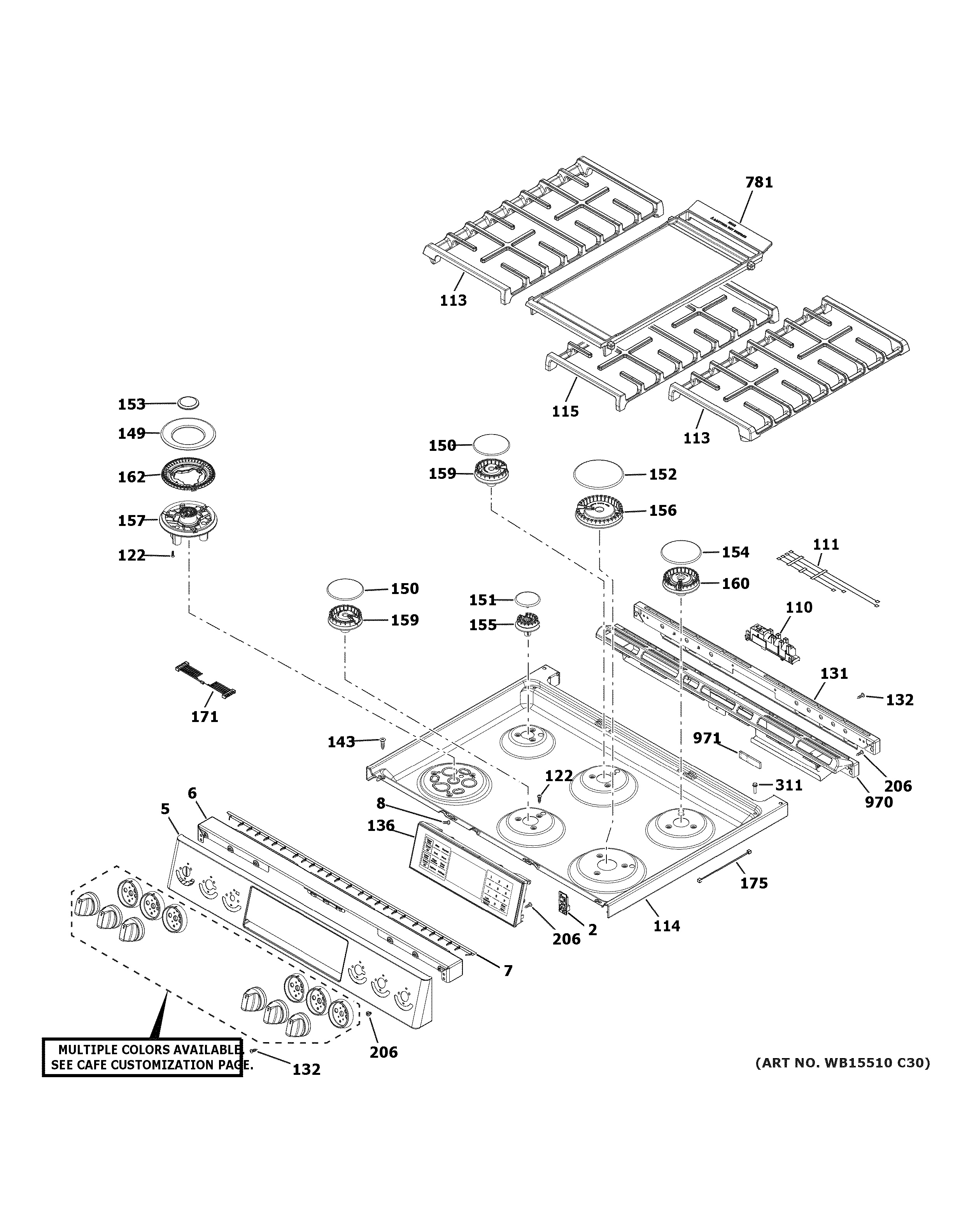 Assembly View for CONTROL PANEL & COOKTOP | CGS700P4M1W2