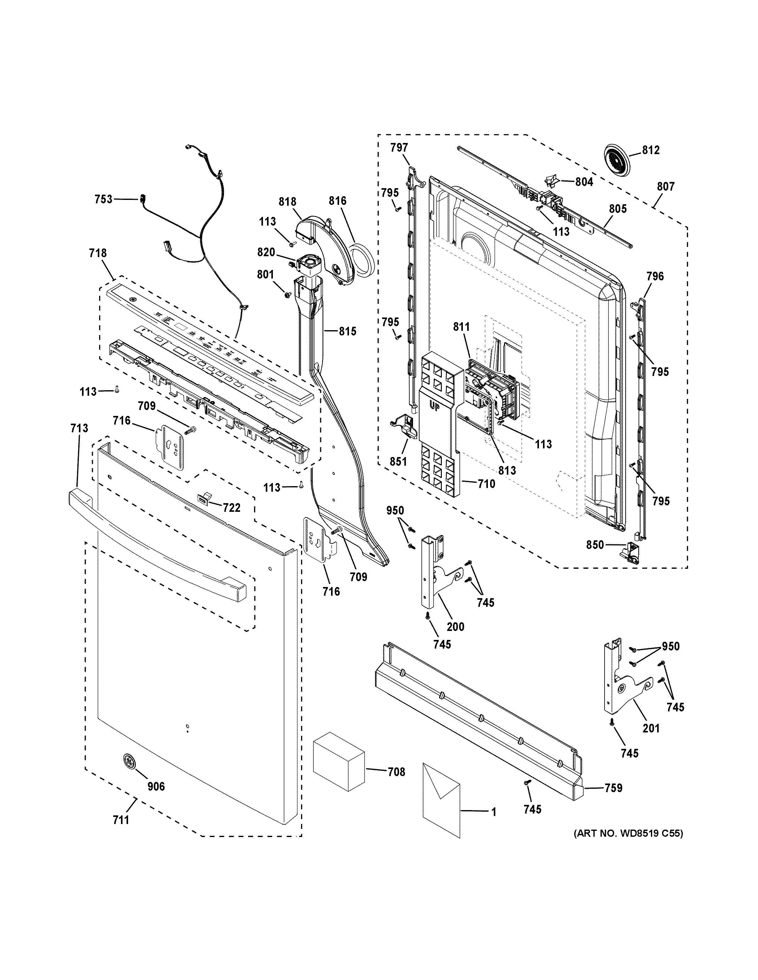 Assembly View for ESCUTCHEON & DOOR ASSEMBLY | GDT645SYN8FS