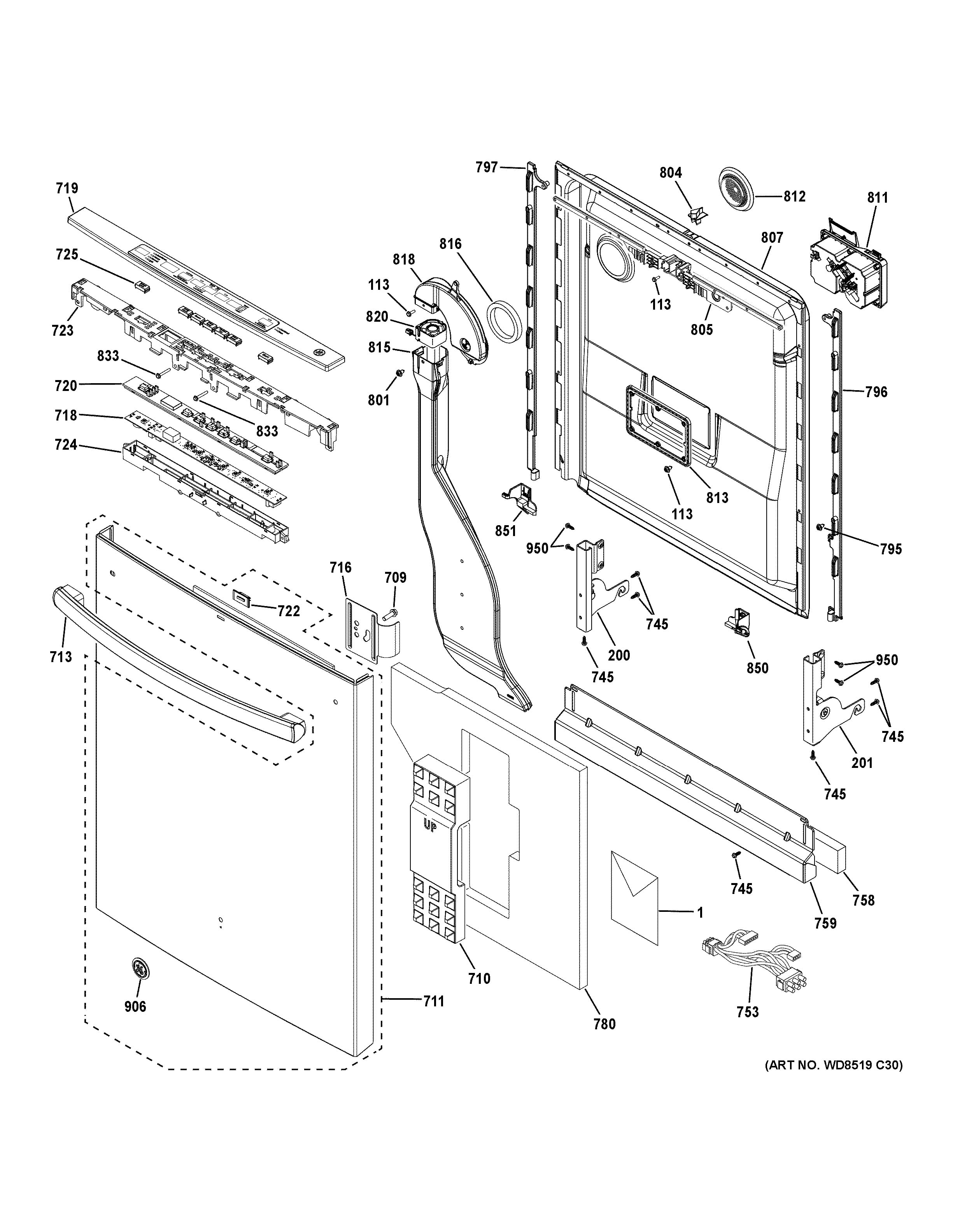 Assembly View for ESCUTCHEON & DOOR ASSEMBLY | GDT695SSJ5SS